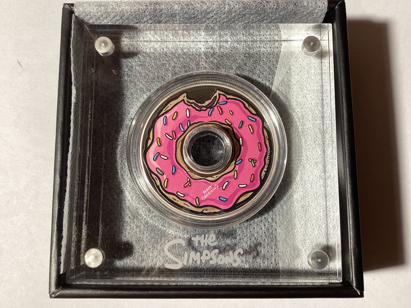 2019 $1 1oz Silver Proof Coloured Coin. The Simpsons. Donut. | Ensleigh Coins