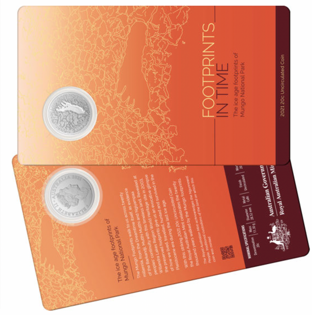 2021: Mungo Footprints 20c Uncirculated Carded Coin. | Ensleigh Coins