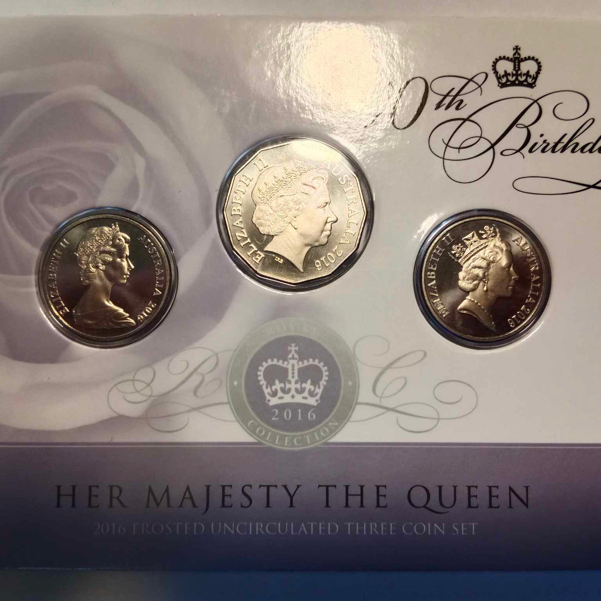 2016 Frosted Uncirculated Three Coin Set. 90th Birthday. Her Majesty T ...