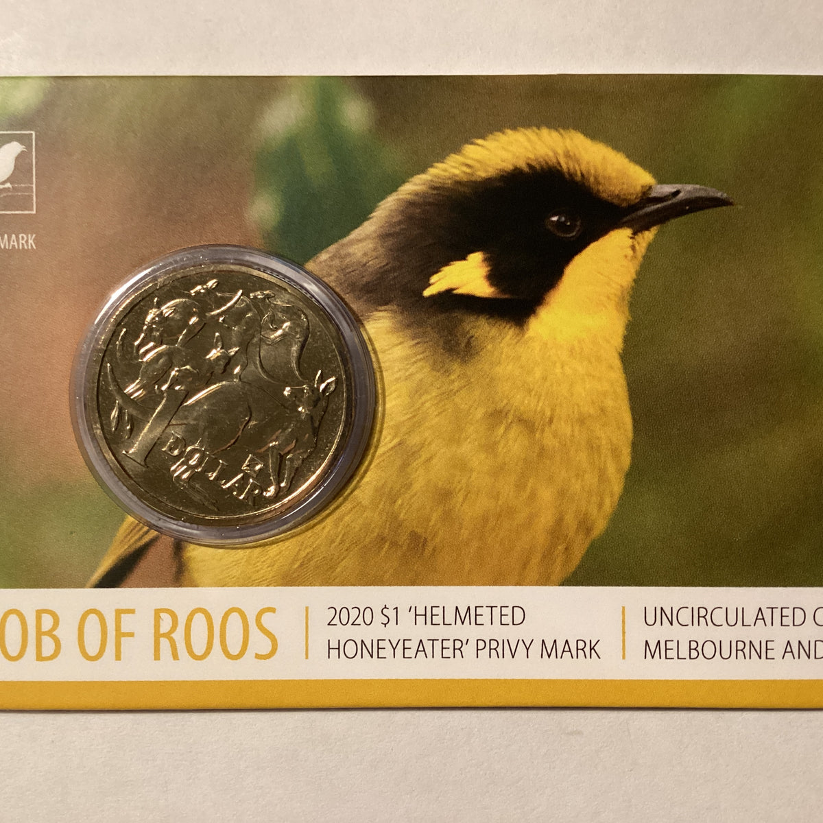 2020 $1 Mob of Roos Carded Coin. Anda Release. Helmeted Honeyeater. Me ...