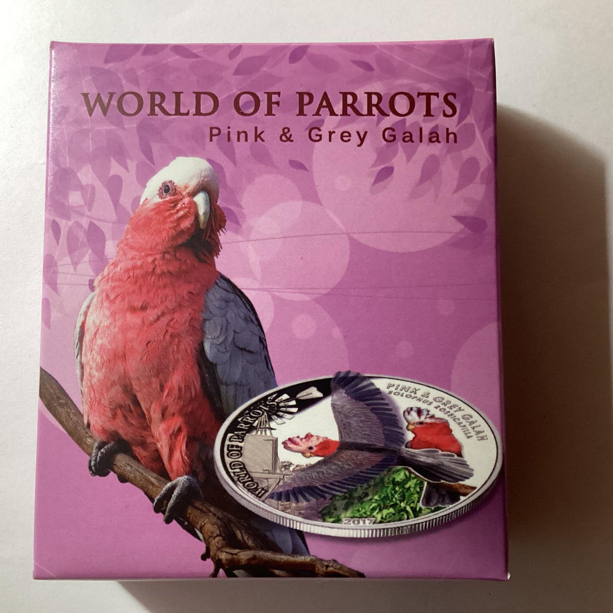 2017 $1 1oz Silver Coloured Proof Coin. World of Parrots. Pink and Gre ...