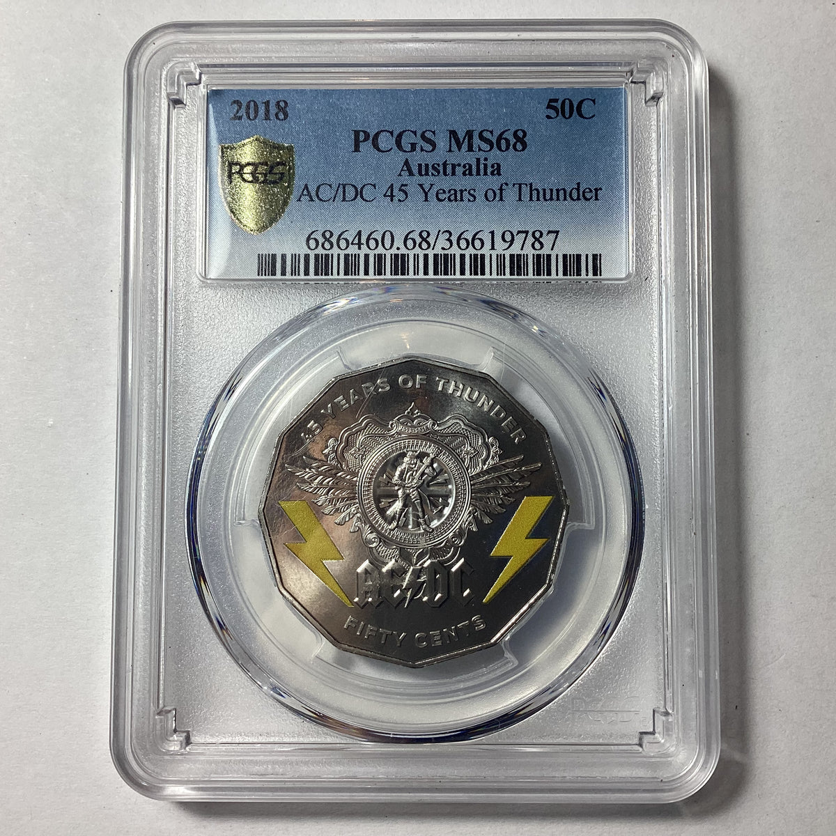 2018 50c ACDC 45 Years of Thunder MS68 – Ensleigh Coins